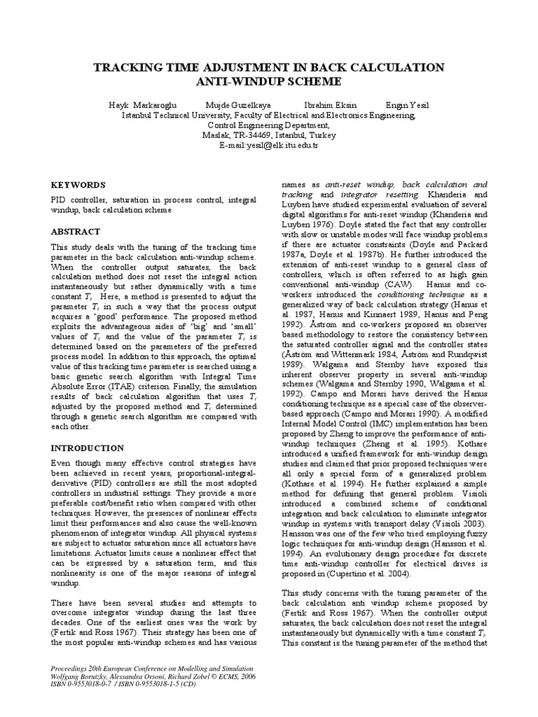 Tracking Time Adjustment in Back Calculation Anti-Windup Scheme | PDF ...