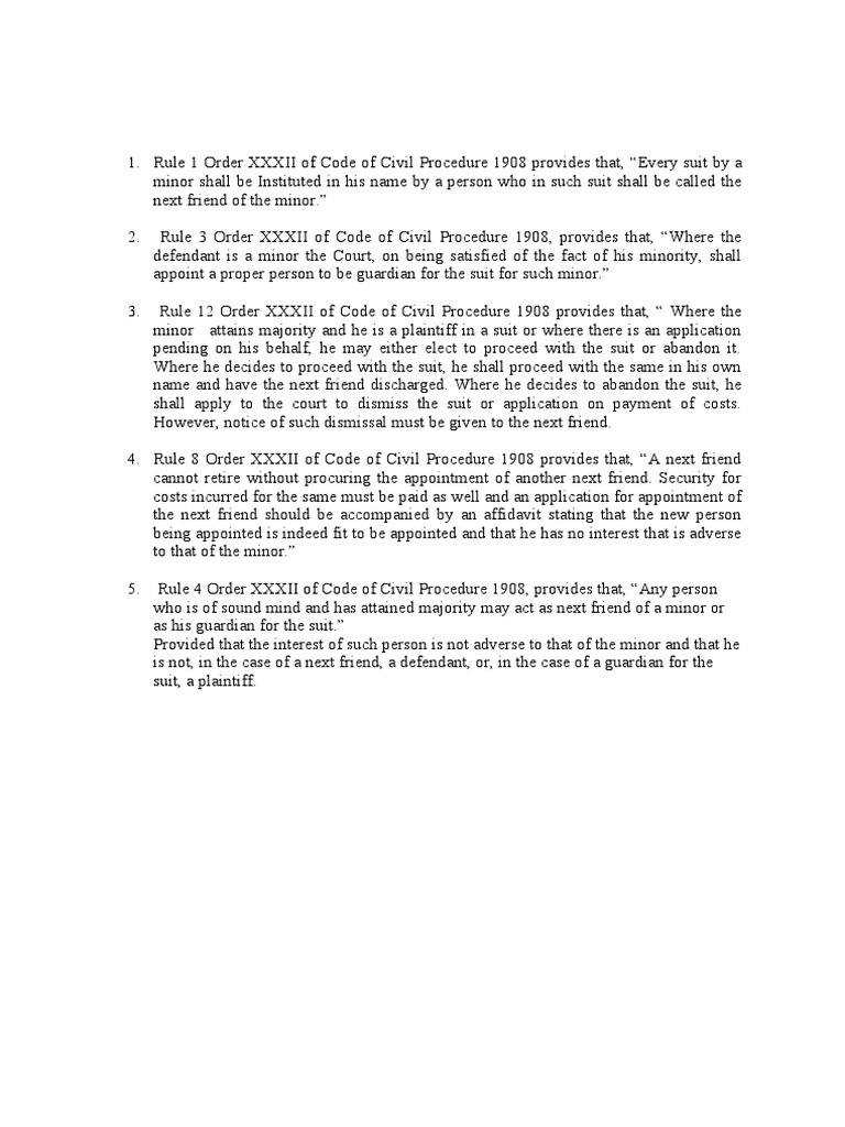 Rule 1 Order XXXII of Code of Civil Procedure 1908 Provides That | PDF