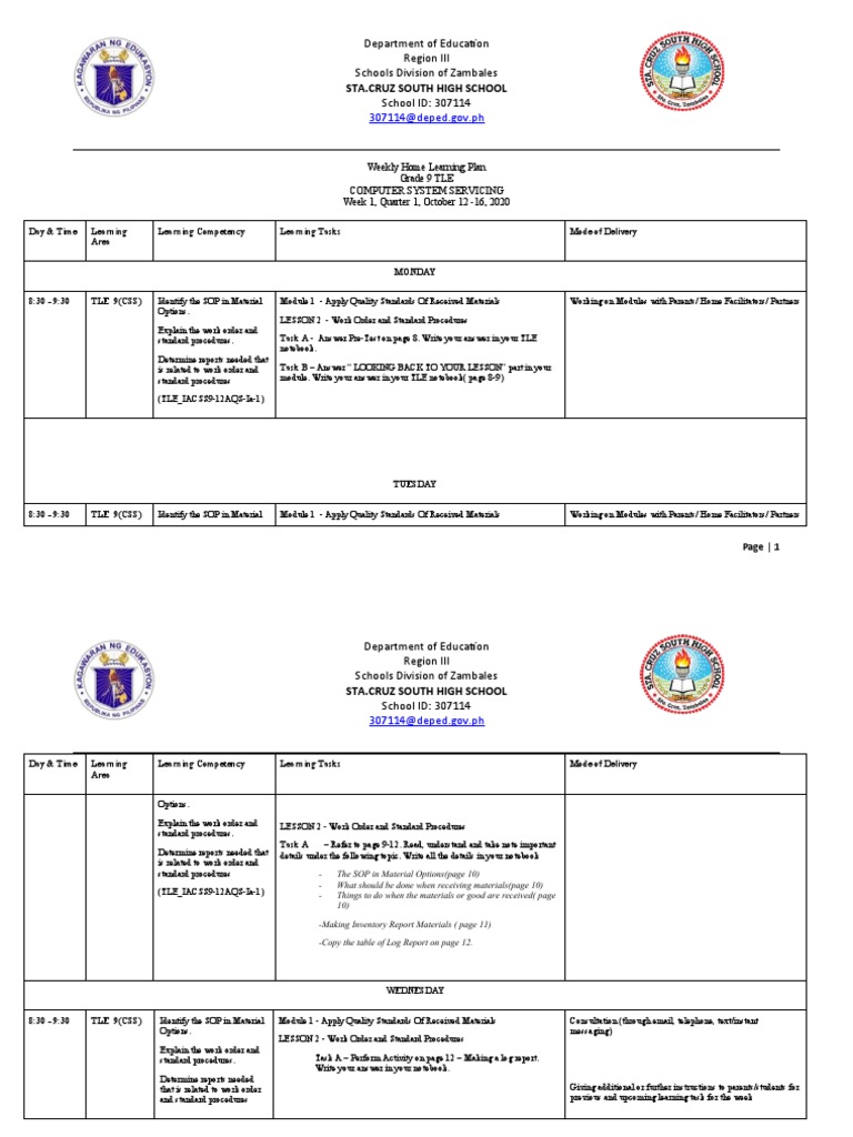 Sample Home Learning Plan Week1 Tle 9 Css | PDF | Communication | Pedagogy