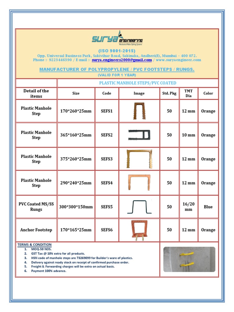 Specifications and pricing for polypropylene and PVC manhole steps and ...