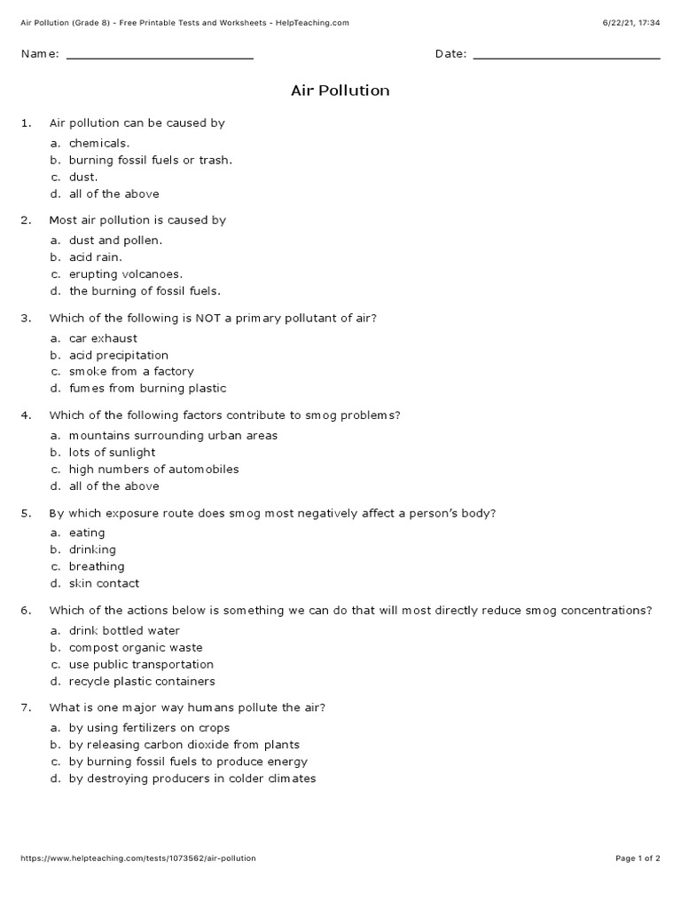 Air Pollution (Grade 8) - Free Printable Tests and Worksheets | PDF ...