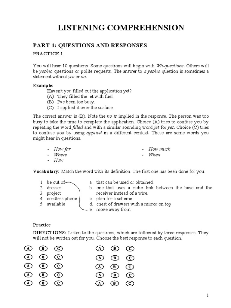 Listening Comprehension: Part 1: Questions and Responses | PDF ...