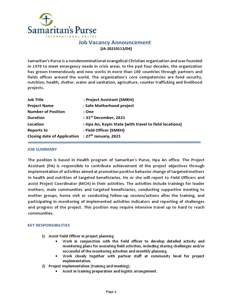 JA - Project Assistant - SMKH - Hpa An 20210113 | PDF