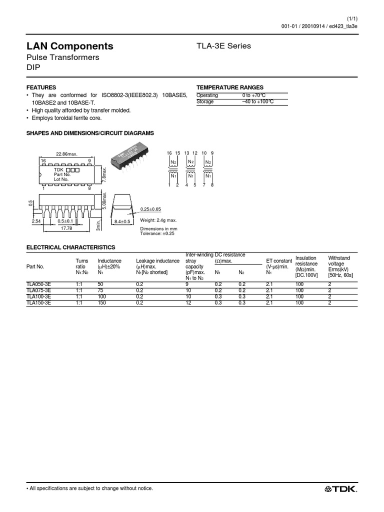 LAN Components: TLA-3E Series Pulse Transformers DIP | PDF ...