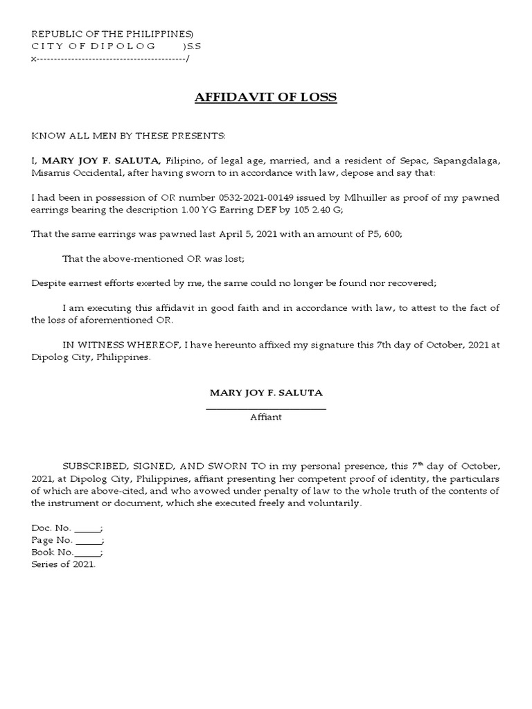 Affidavit of Lost Receipt | PDF
