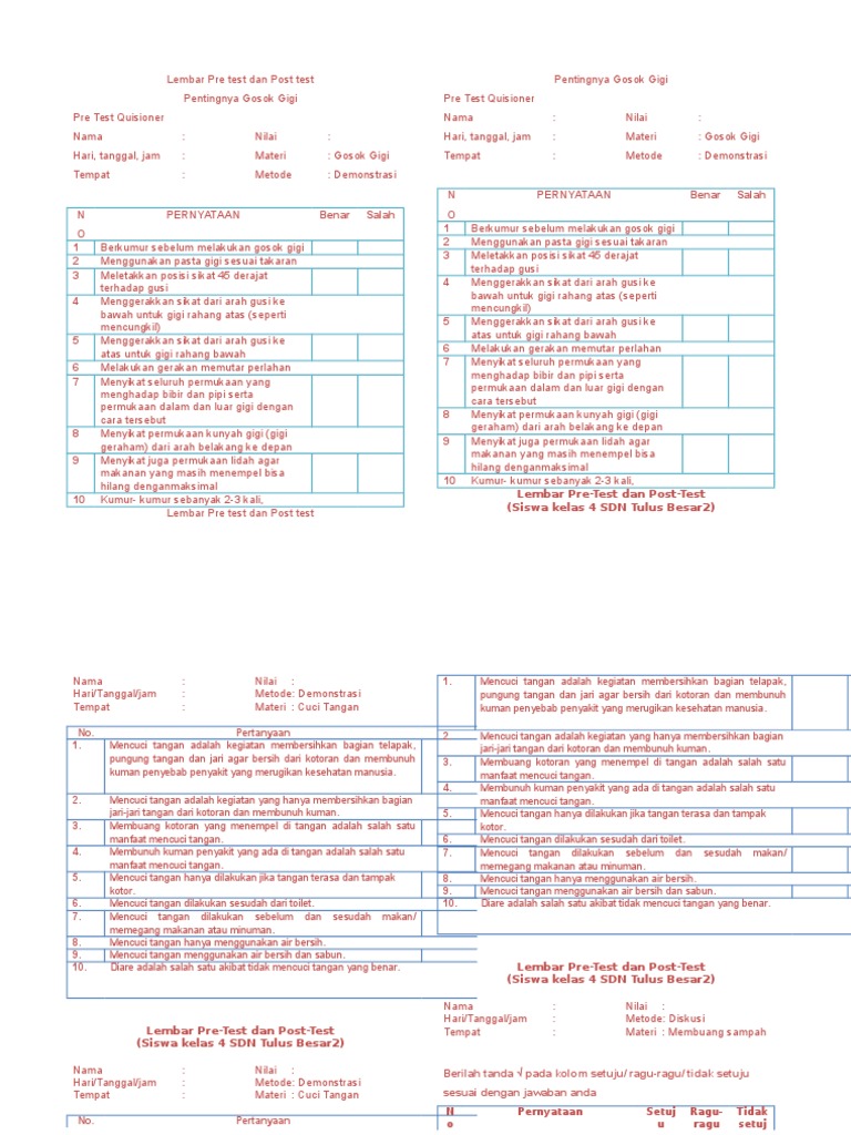 Lembar Pre Test Dan Post Test Penyuluhan SD PDF Free | PDF