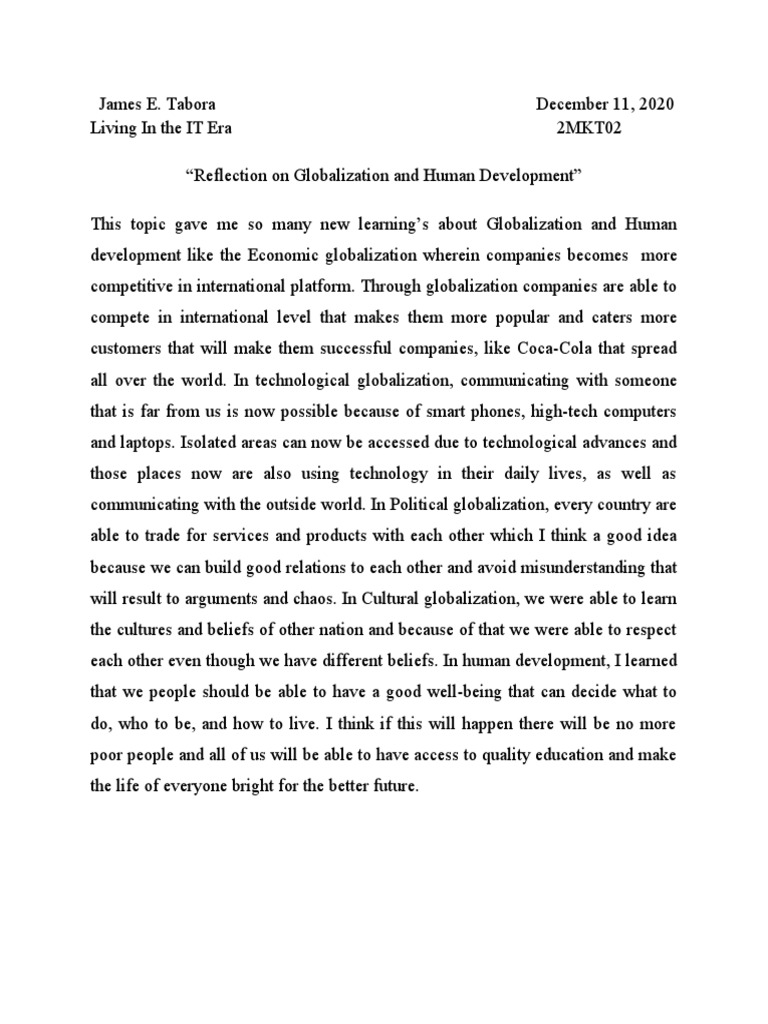 Globalization and Human Development Reflection | PDF | Politics