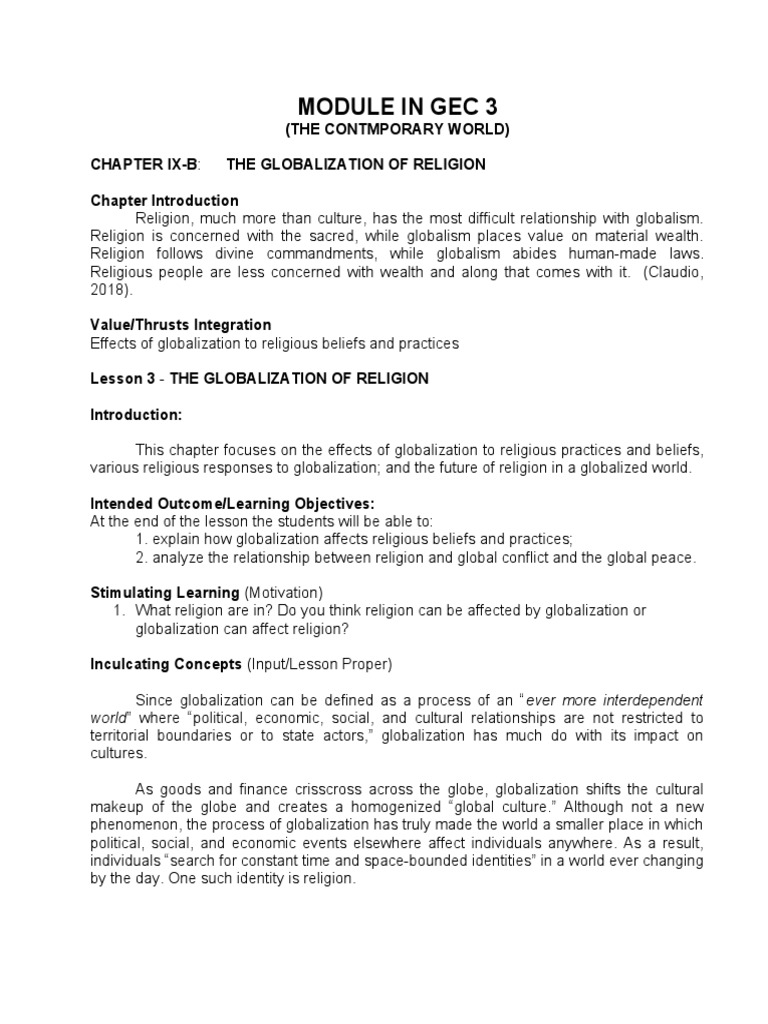Lesson 2 - GEC 3 Contemporary World | PDF | Globalization | Peace