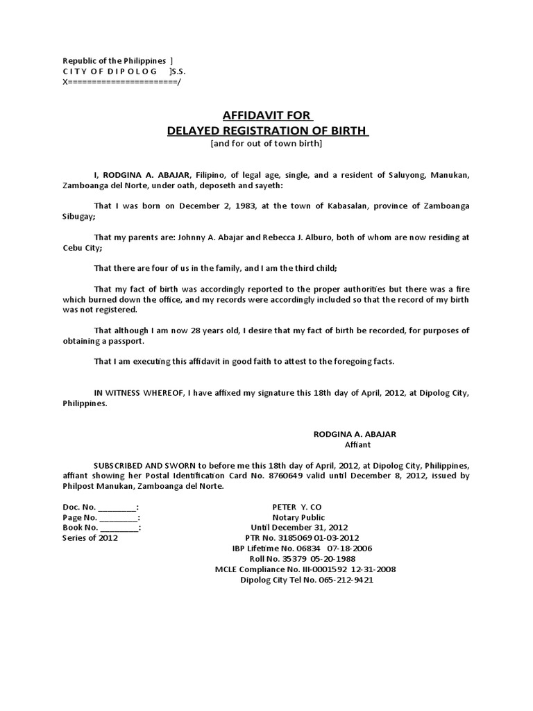 Affidavit for Delayed Birth Registration | PDF