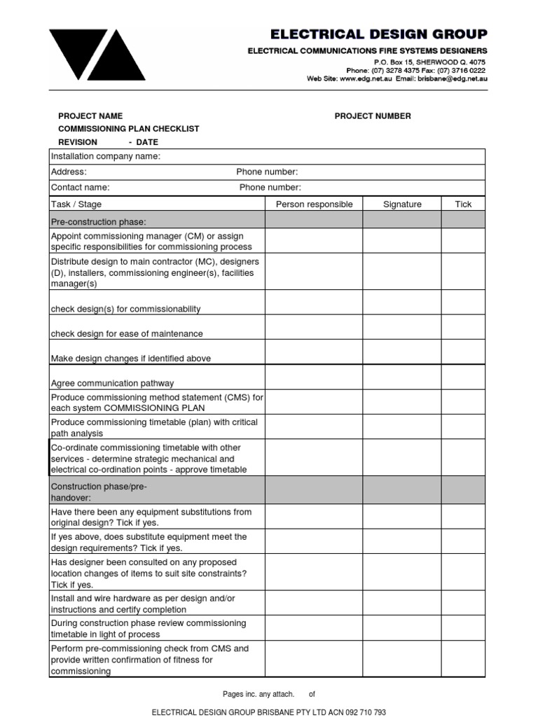 Commissioning Plan Checklist Pdf Engineering Computing