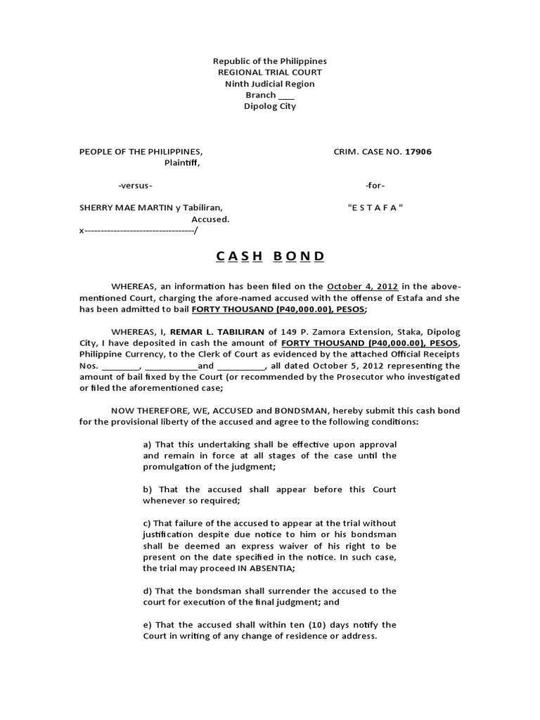 Cash Bond | PDF | Bail | Complaint