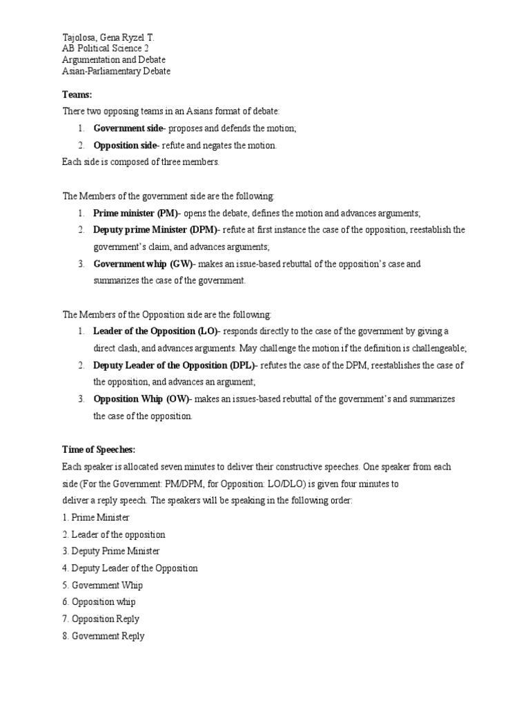 Roles in Asian Parliamentary Debate | PDF | Politics
