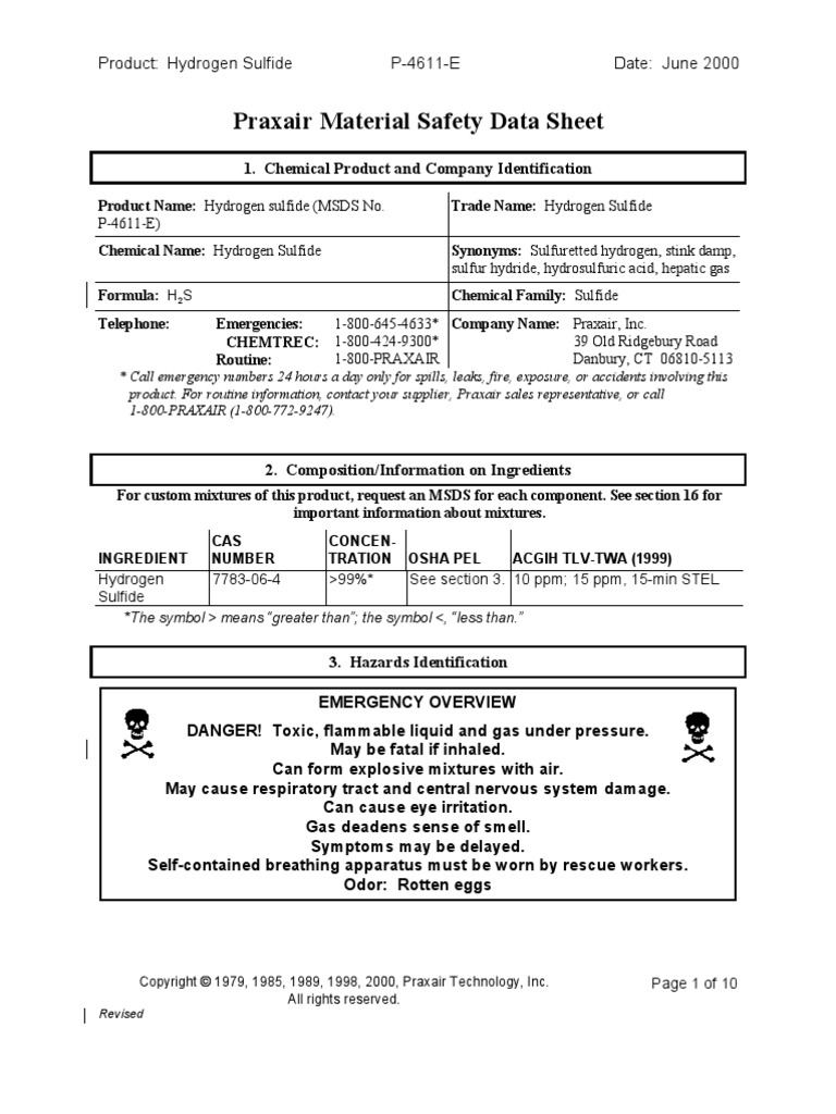 MSDS - Hydrogen Sulfide | PDF | Fluorine | Combustion