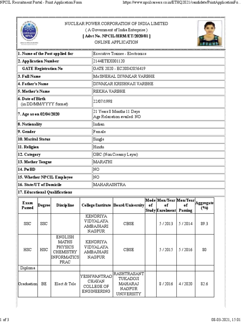 NPCIL Recruitment Portal - Print Application Form | PDF | Educational ...