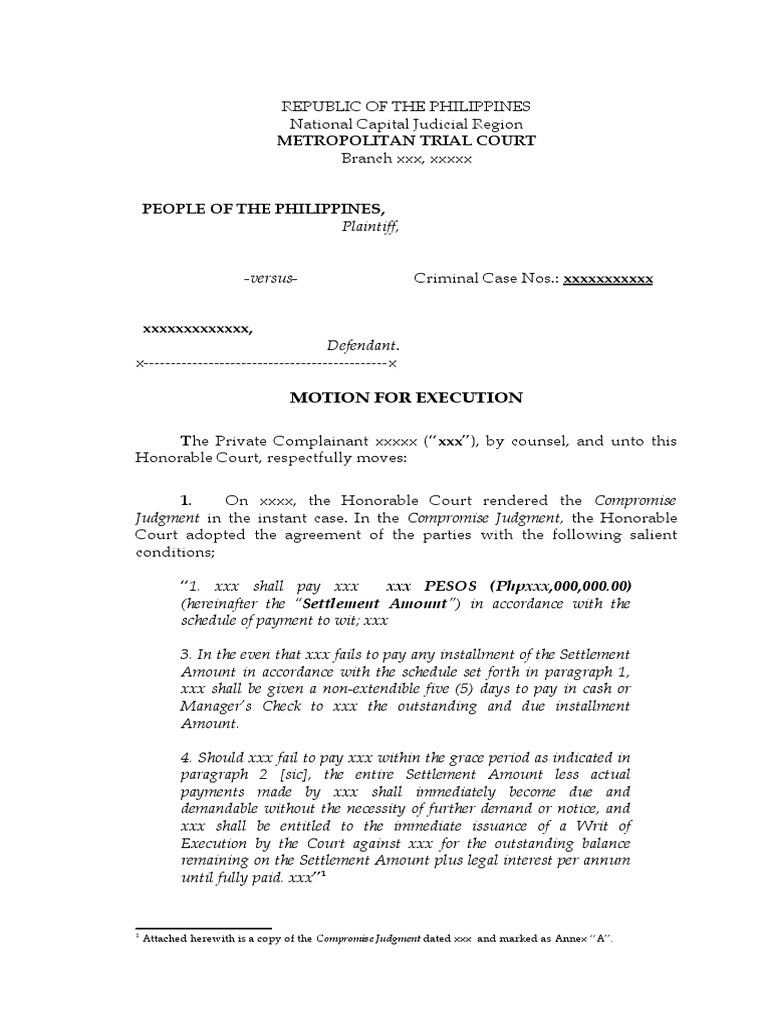 Sample Motion For Execution | PDF | Judgment (Law) | Interest