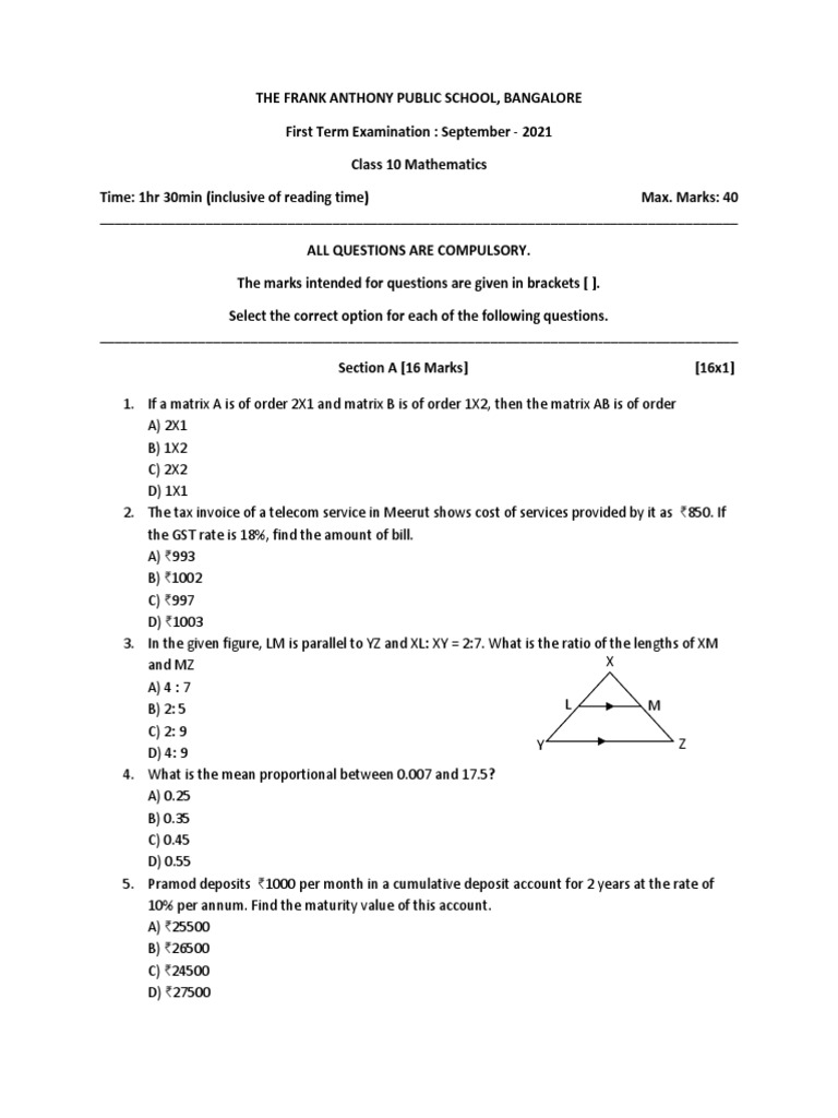 10 Maths 1st Sem Maths QP Sep-2021 | PDF | Algebra | Elementary Mathematics