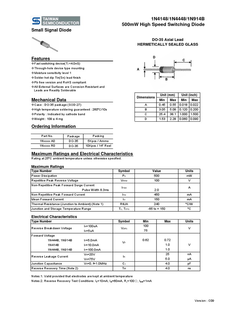 Small Signal Diode: 1N4148/1N4448/1N914B 500mW High Speed Switching ...