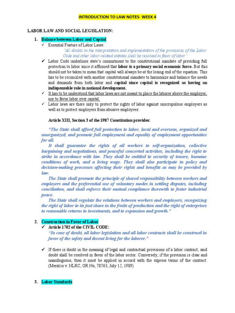 Intro To Law Reviewer Week 4 | PDF | Labour Law | Employment