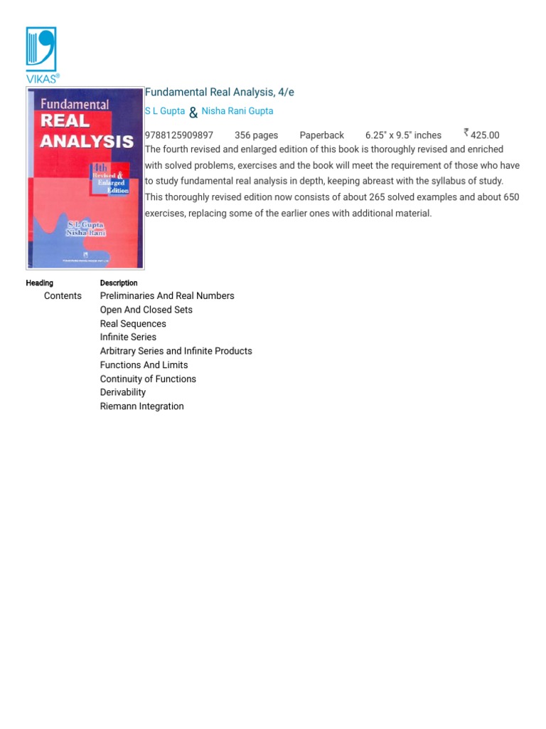 Fundamental Real Analysis, 4 - e | PDF