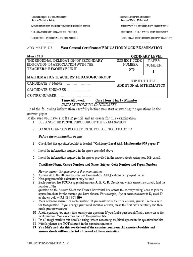 2019 Mock Exam: Additional Mathematics | PDF | Function (Mathematics ...