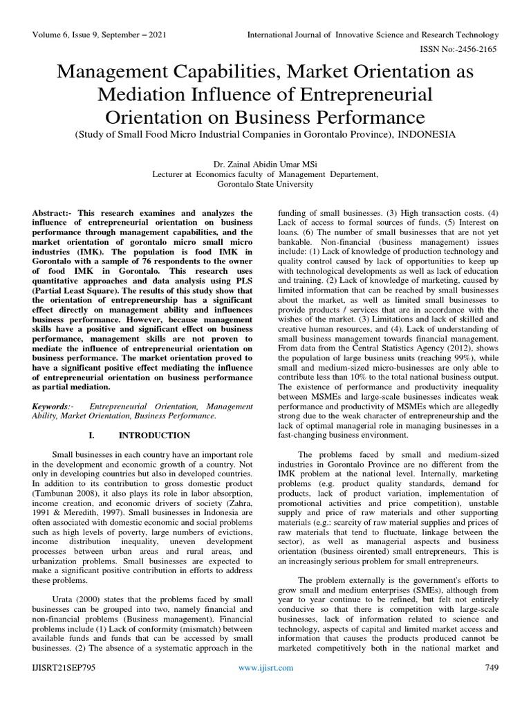 Management Capabilities, Market Orientation As Mediation Influence of Entrepreneurial ...