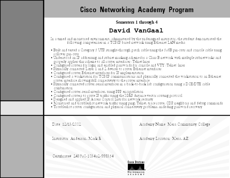 Cisco Networking Academy Certificate Sample | PDF
