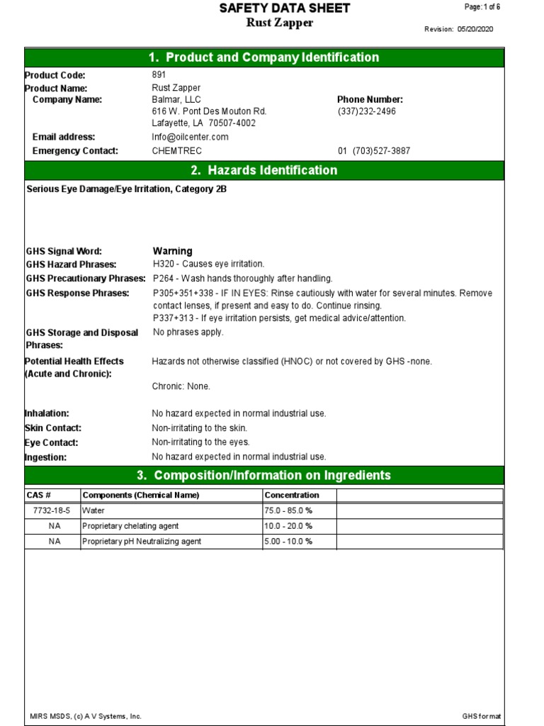 Safety Data Sheet Rust Zapper 891 | PDF | Dangerous Goods | Carcinogen