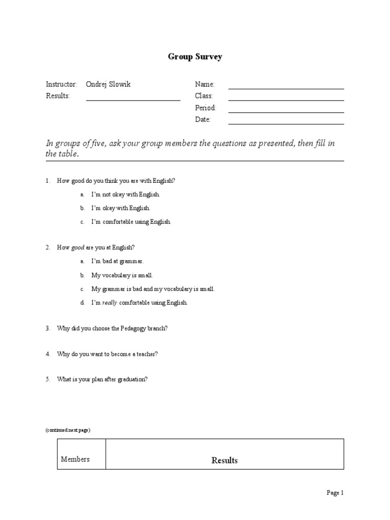 In Groups of Five, Ask Your Group Members The Questions As Presented ...