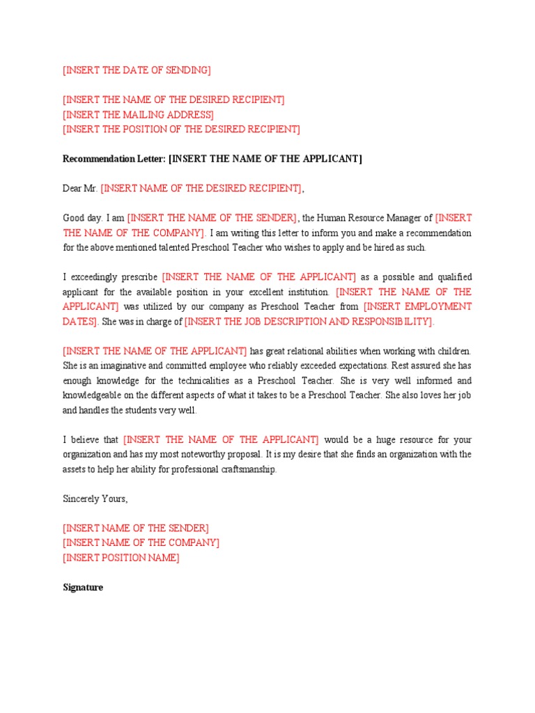 Recommendation Letter: (INSERT THE NAME OF THE APPLICANT) | PDF