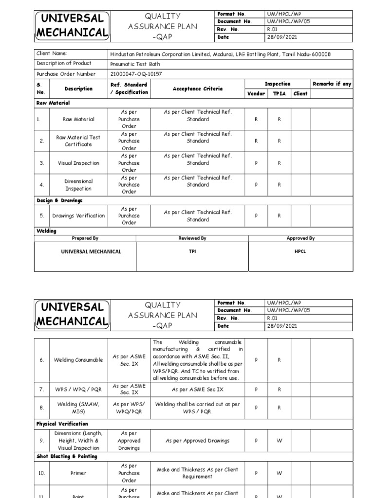 QAP For Pneumatic Test Bath | PDF | Welding | Construction