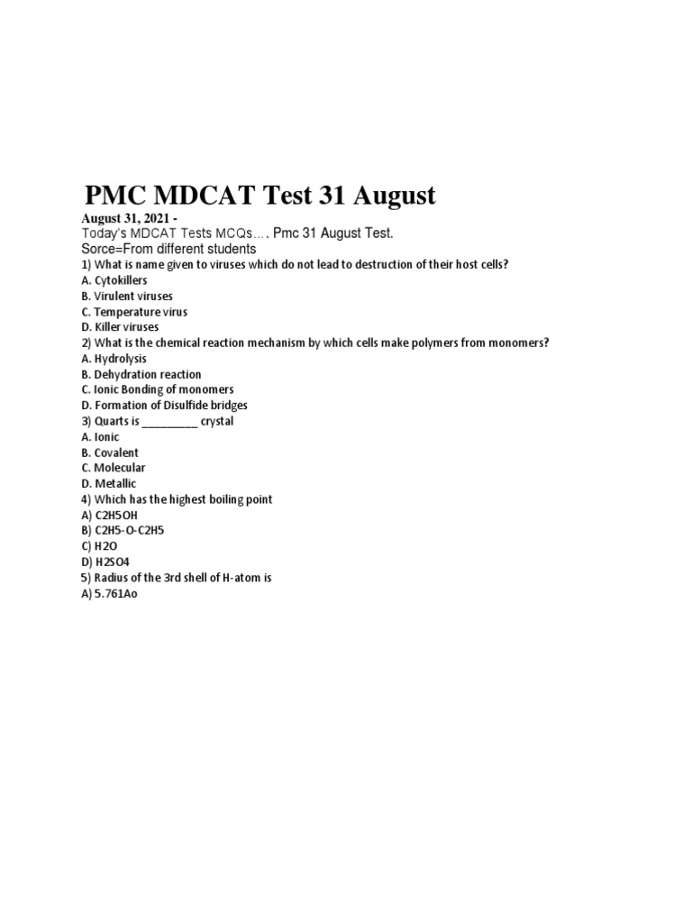 PMC MDCAT Test 31 August | PDF | Electrolyte | Anode