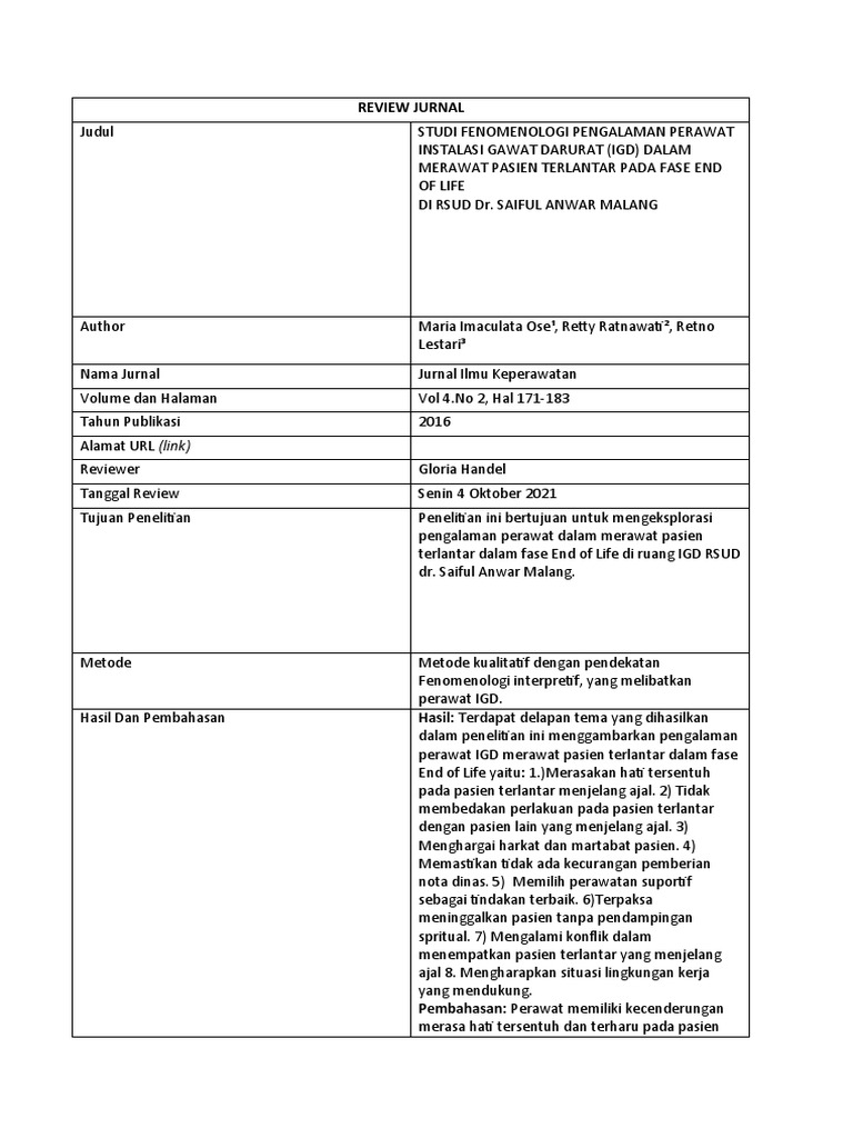 REVIEW Jurnal KEP GADAR. Gloria Handel | PDF