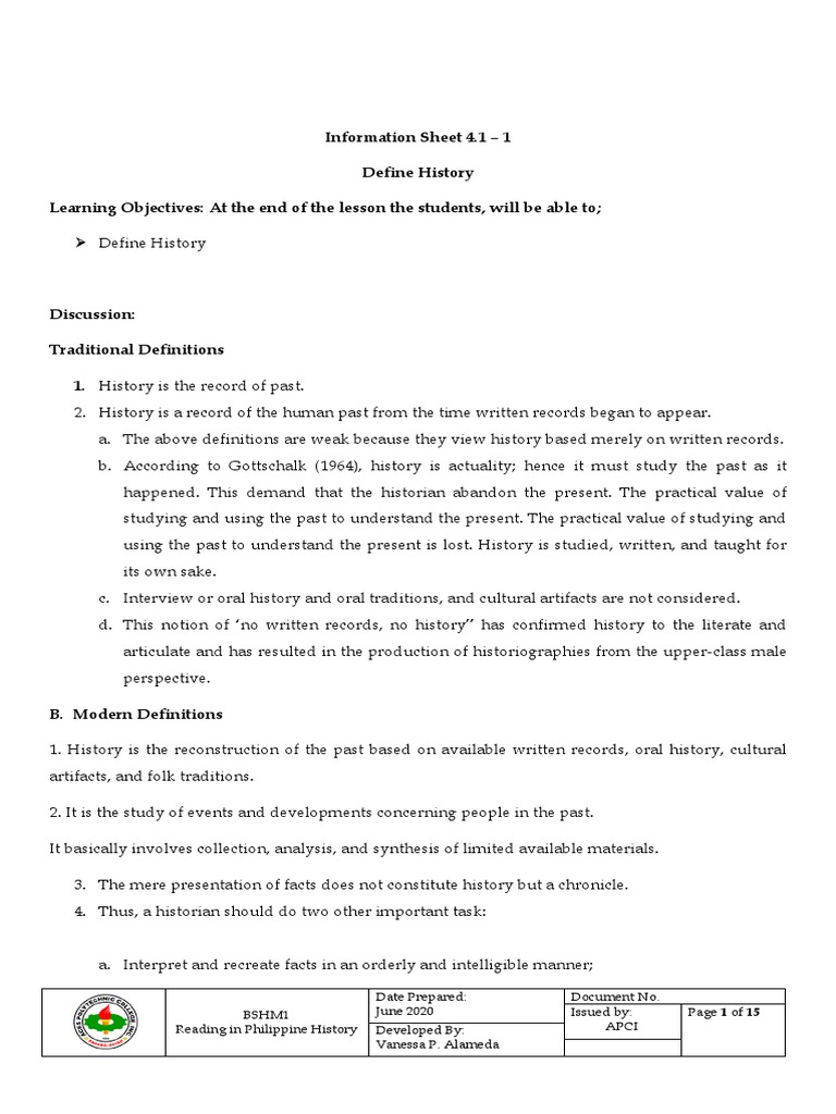 Information Sheet 4.1 - 1 Define History Learning Objectives: at The ...