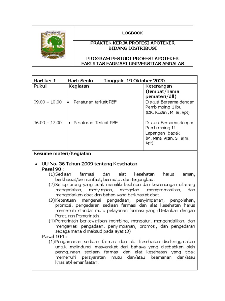 Logbook PKPA PBF - Hari Ke 1 - 19 Oktober 2020 | PDF