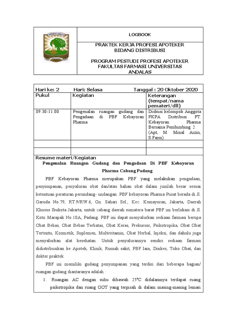 Logbook PKPA PBF - Hari Ke 2 - 20 Oktober 2020 | PDF