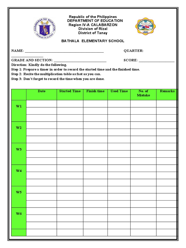 Record Sheets in Reciting Multiplication Table | PDF