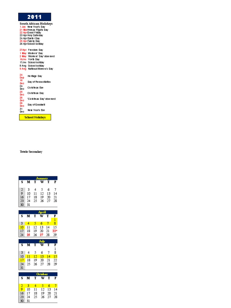 2011 South African School Calendar | PDF