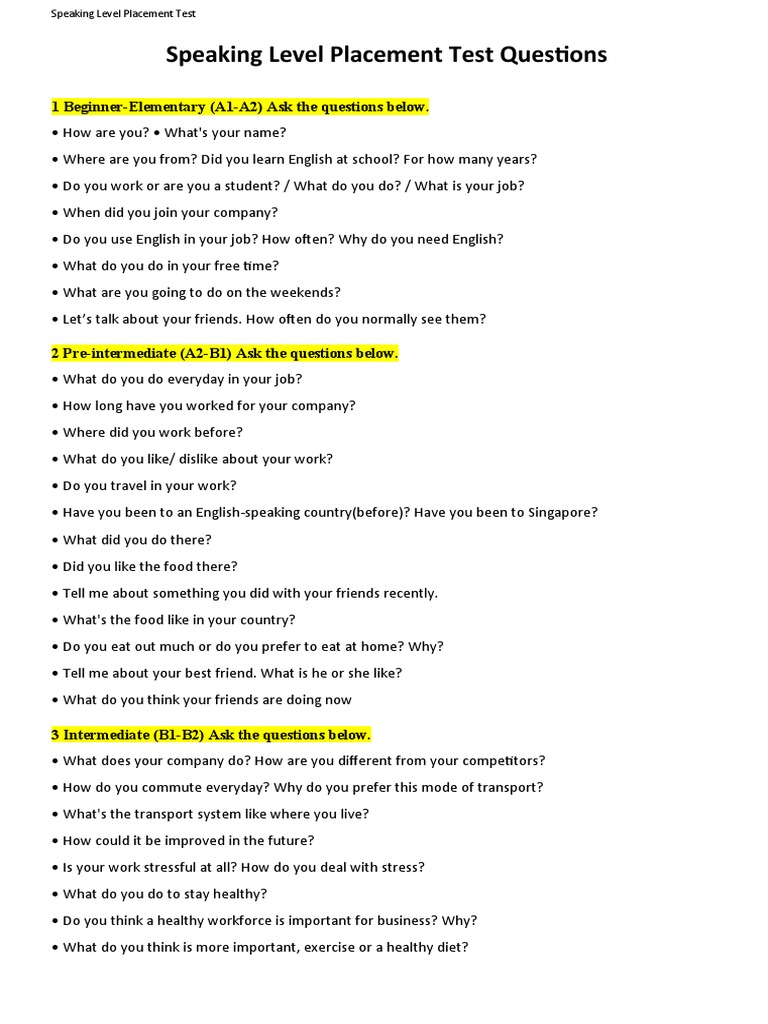 English Speaking Level Test Questions | PDF