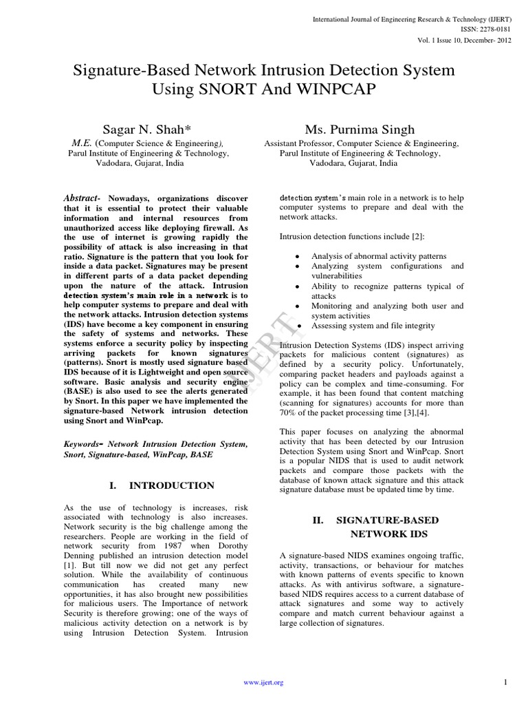 Signature Based Network Intrusion Detection System Using Snort And Winpcap Ijertv1is10299 Pdf
