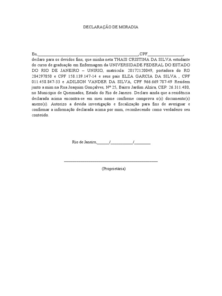 Declaração De Moradia Pdf