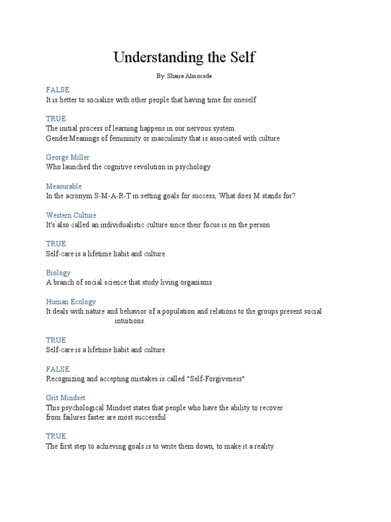 Understanding The Self: False | PDF | Psychology | Mind