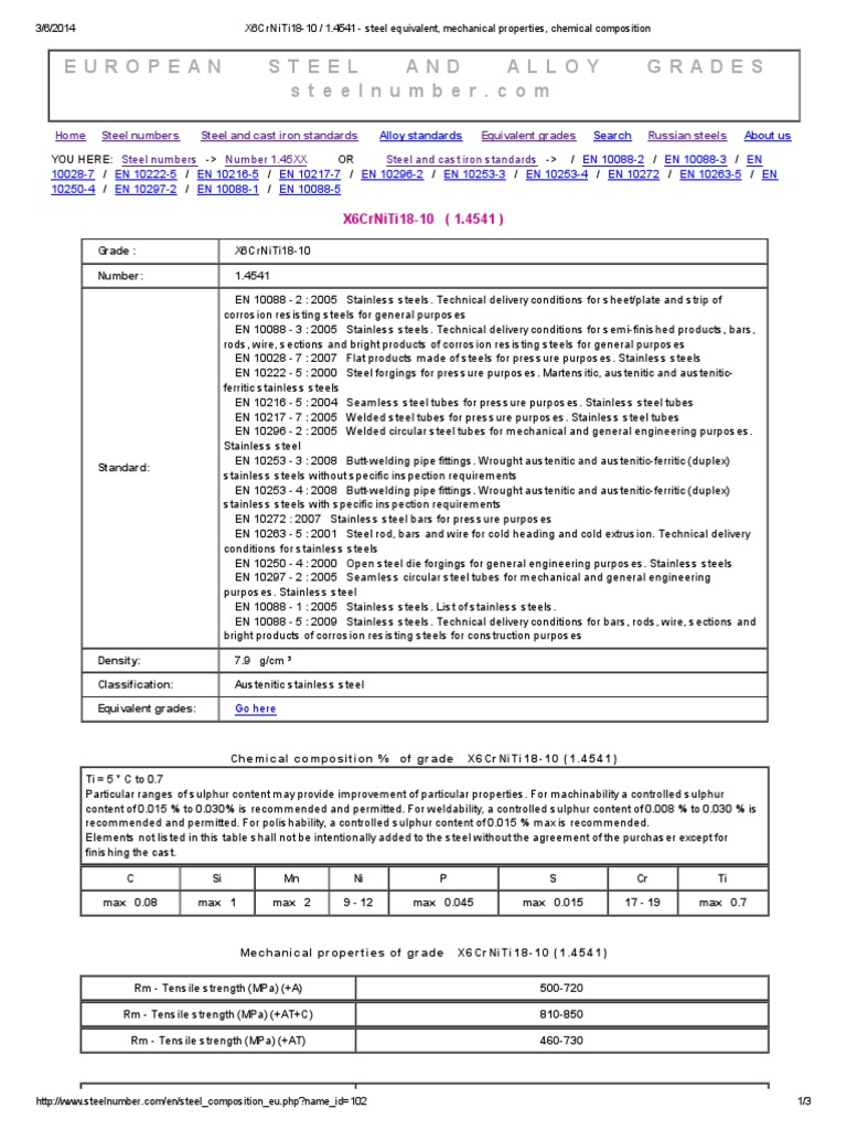 European Steel and Alloy Grades: X6Crniti18-10 (1.4541) | Download Free ...