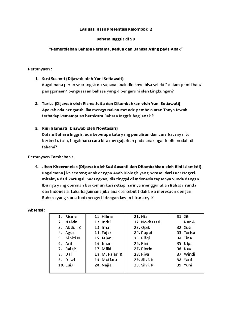Evaluasi Hasil Presentasi Kelompok 2 | PDF