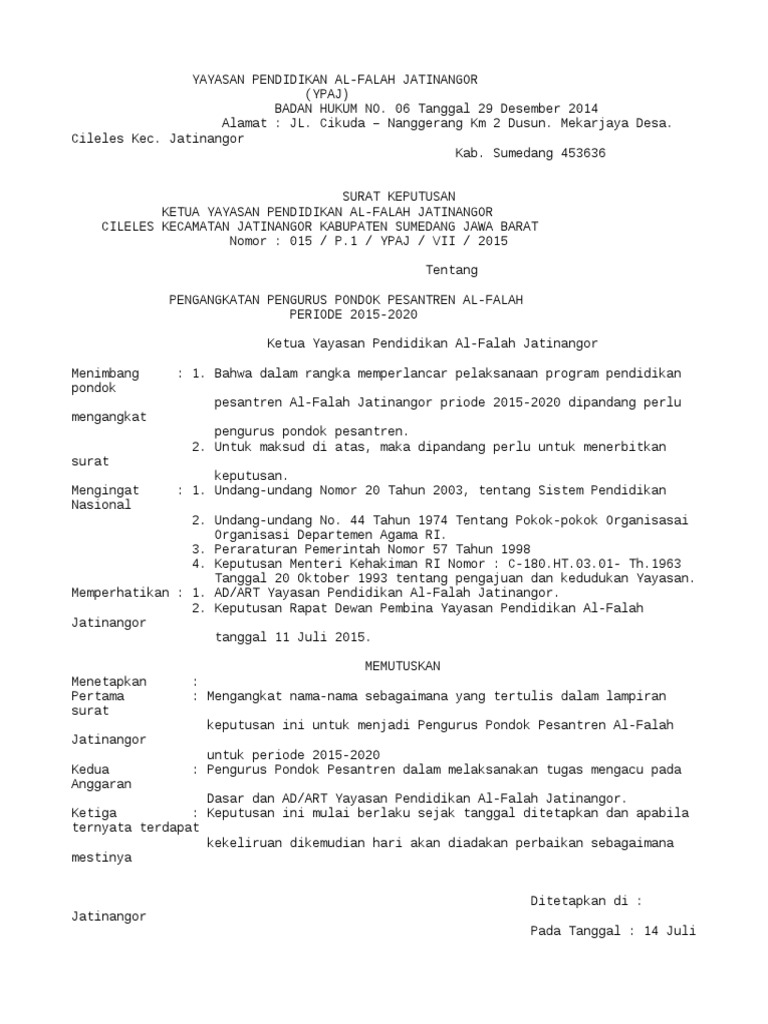 SK Pimpinan Dan Pengurus Pondok Pesantren | PDF