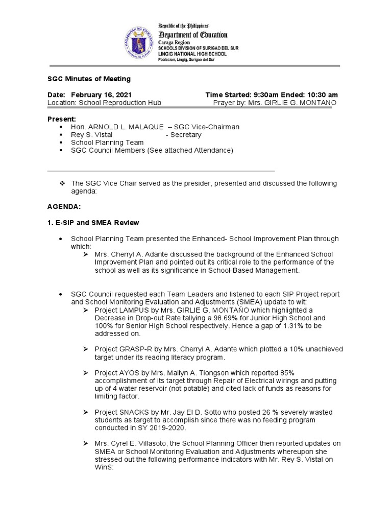 1st SGC Meeting - Minutes SY 2020-2021 | PDF