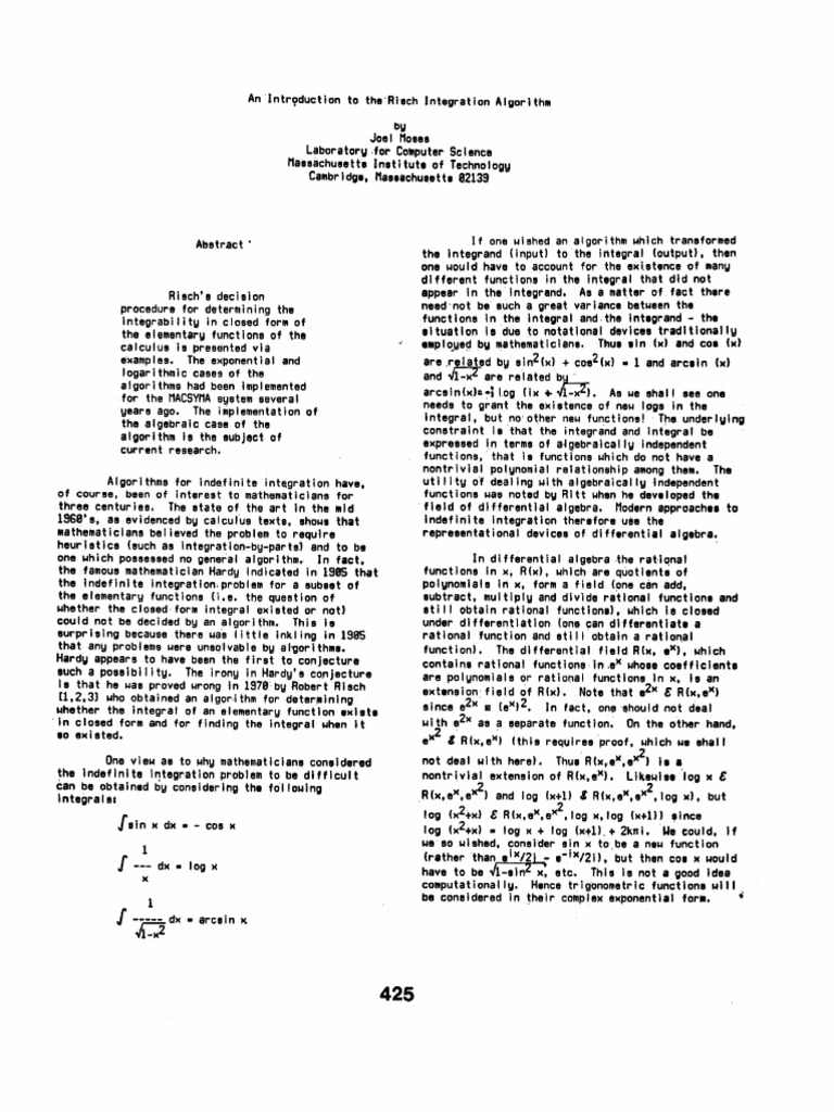 An Introduction To The Risch Integration Algorithm Pdf Integral Logarithm