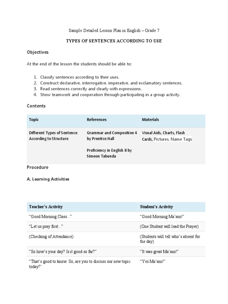 Grade 7 English: Types of Sentences Lesson | PDF | Question | Sentence ...