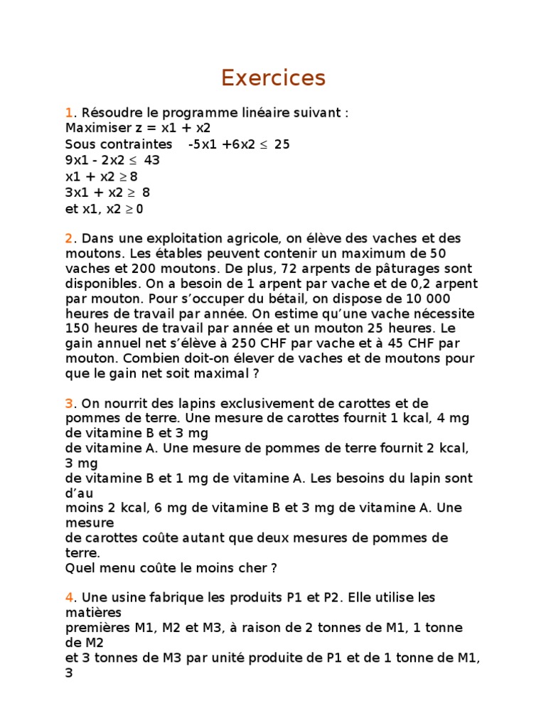 Exercices de Programmation Linéaire | PDF | Optimisation linéaire | La nature