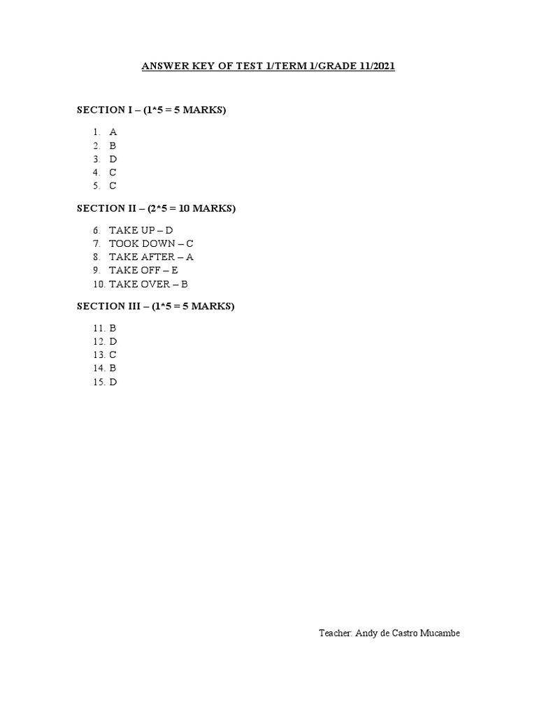 Answer Key of Test 1 Grade 11 | PDF | Teaching Methods & Materials