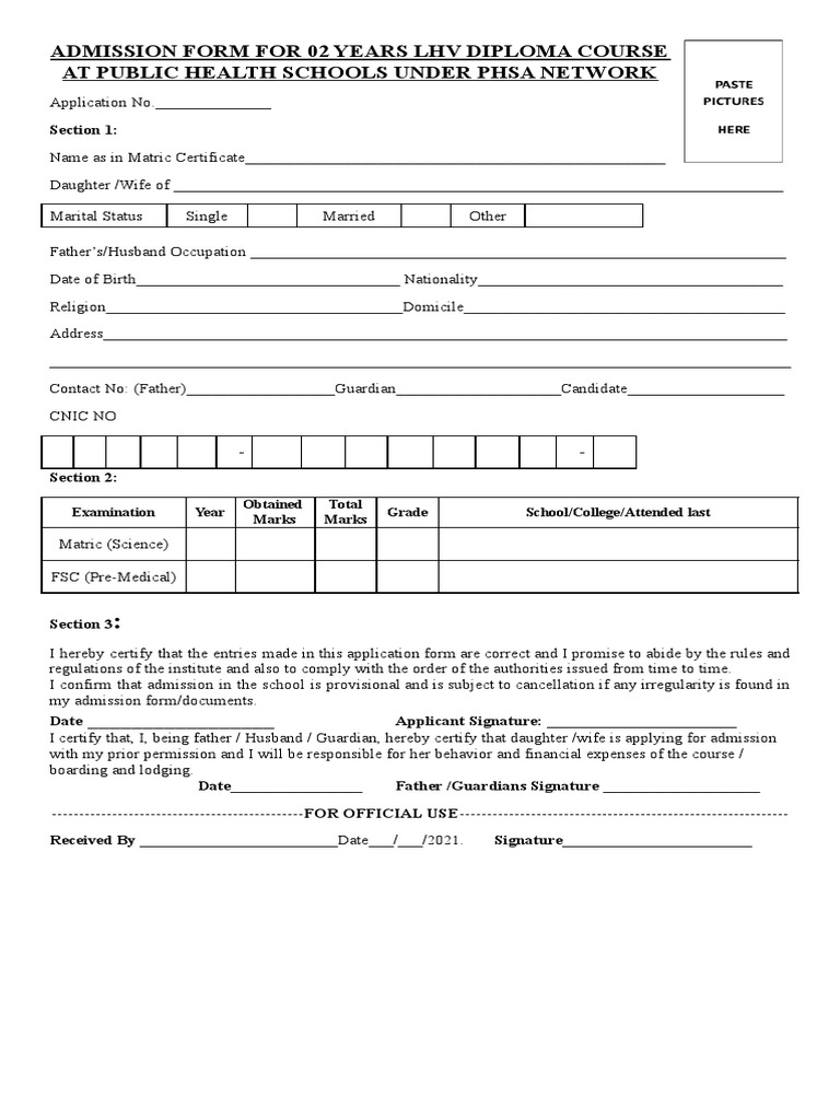 Admission Form For 02 Years LHV Diploma Course at Public Health Schools ...